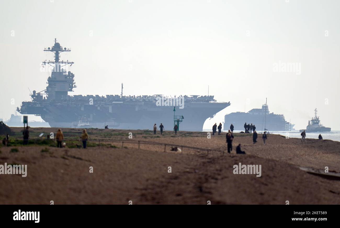 The USS Gerald R. Ford makes it's way into Stokes Bay in the Solent, as ...
