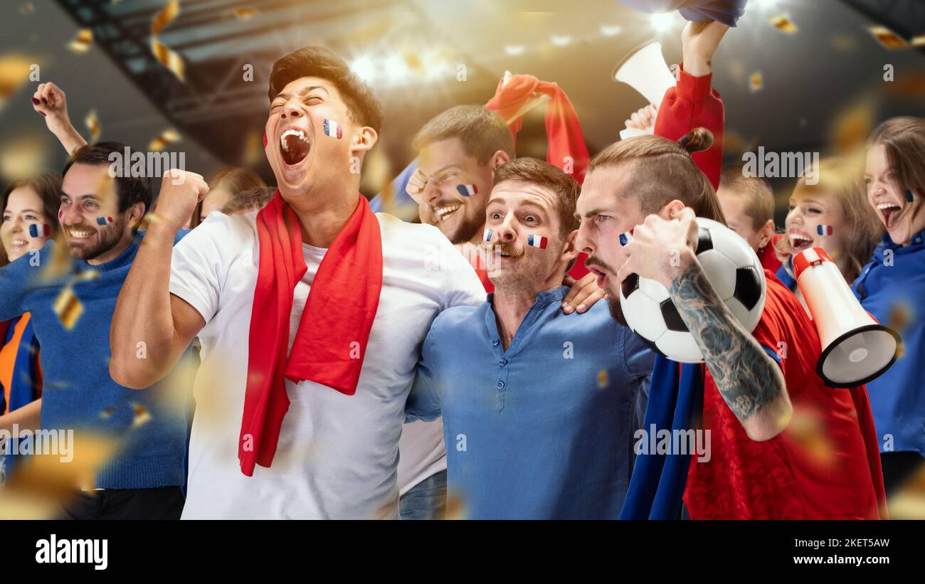 Group of happy thrilled excited football fans cheering for French ...