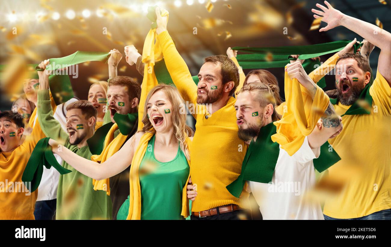 Expressive young people, thrilled excited soccer football fans shouting ...