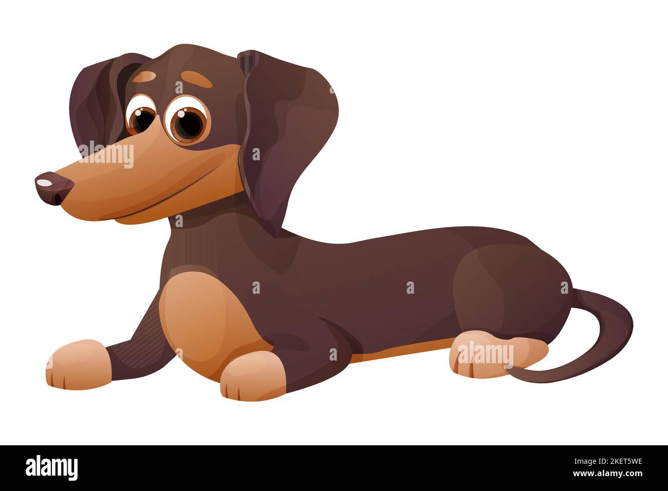 Cute dachshund puppy, lying and smiling in cartoon style, bright pet character isolated on white ...