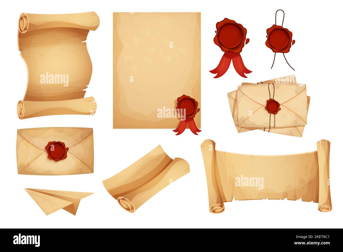 Set vintage magic envelope, letters, parchment paper, scroll with red ...