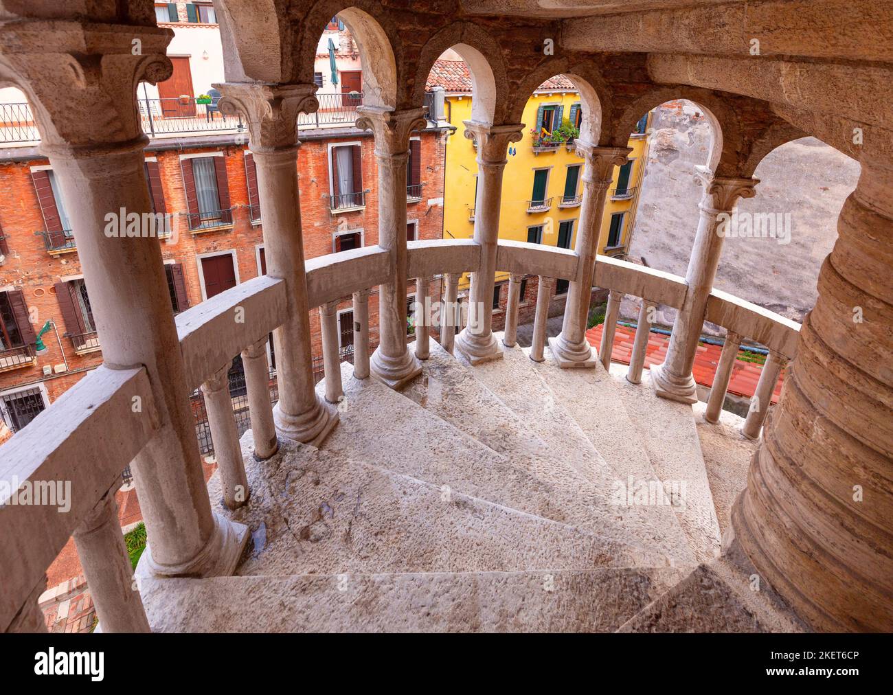 Old medieval stone spiral staircase Scala Contarini del Bovolo. Venice ...