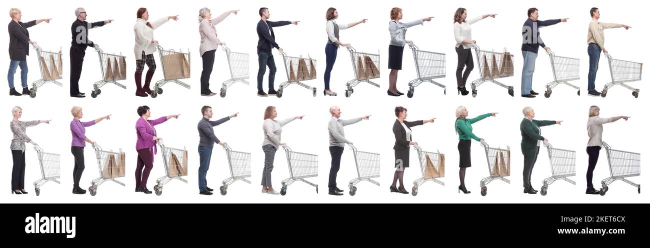 a group of people with a shopping cart point their fingers in front of ...