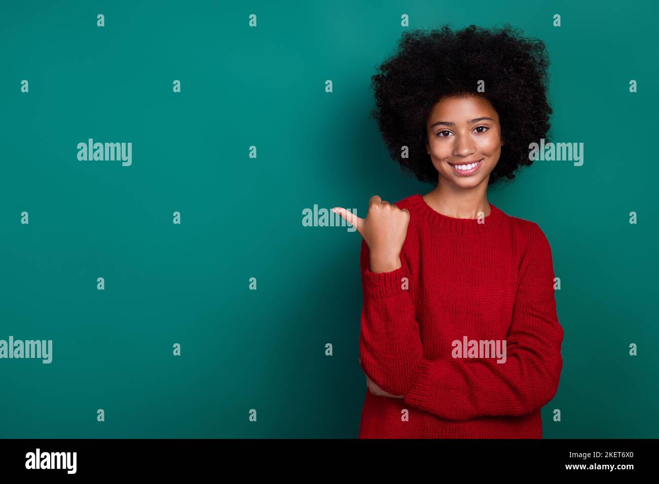 Photo portrait of charming small girl point empty space brochure ...