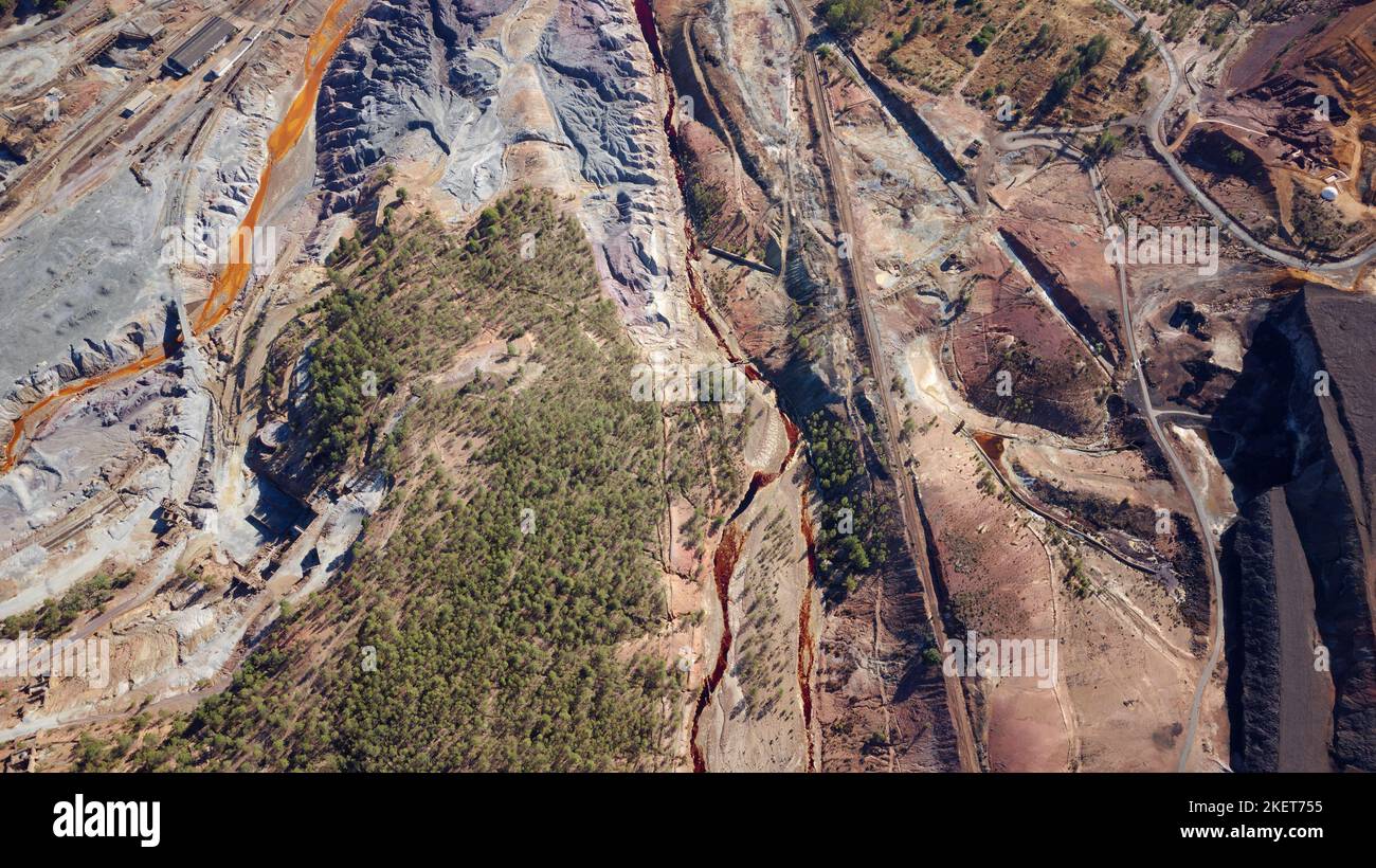Aerial drone view of Mining activity in Minas de Riotinto in Spain ...