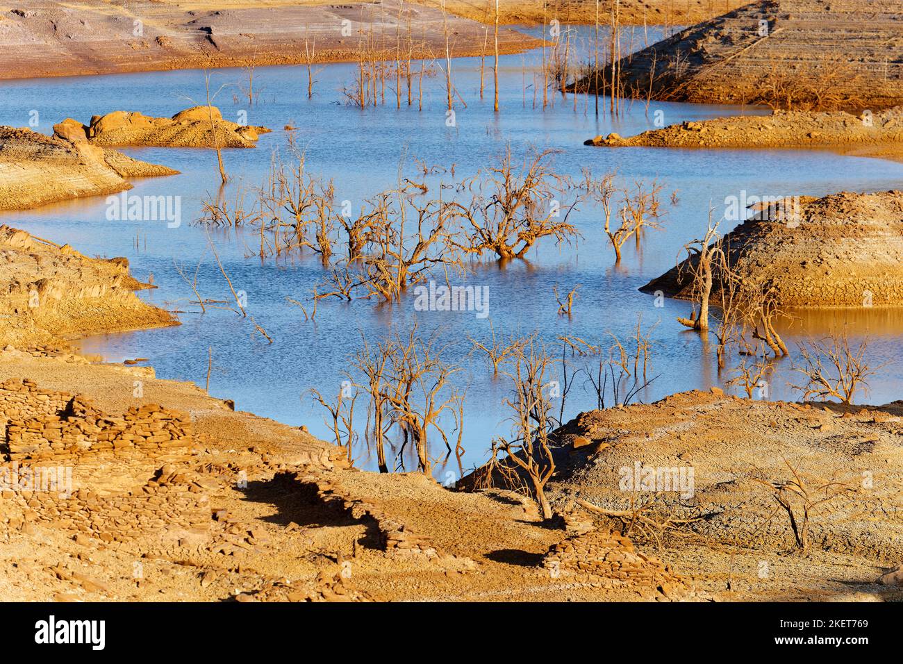 Low levels of water reservoir. Dry climate. Shortage of water. Dead ...