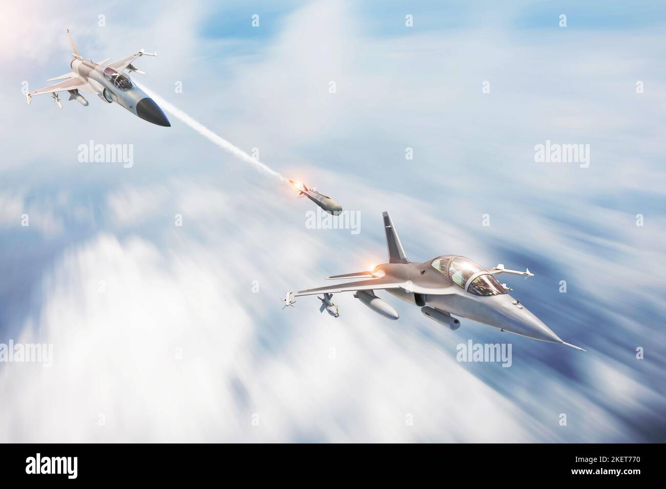 Combat fighter launches missiles at a target - another fighter jet ...