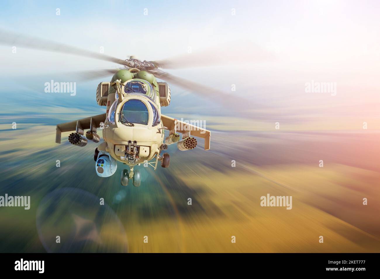 Military combat helicopter flies at high speed, territory patrol guards ...