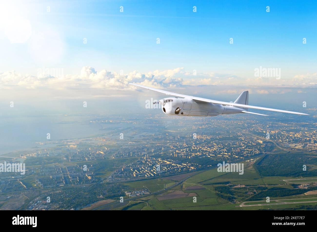 Unmanned military drone screw turboprop on patrol air territory at low ...