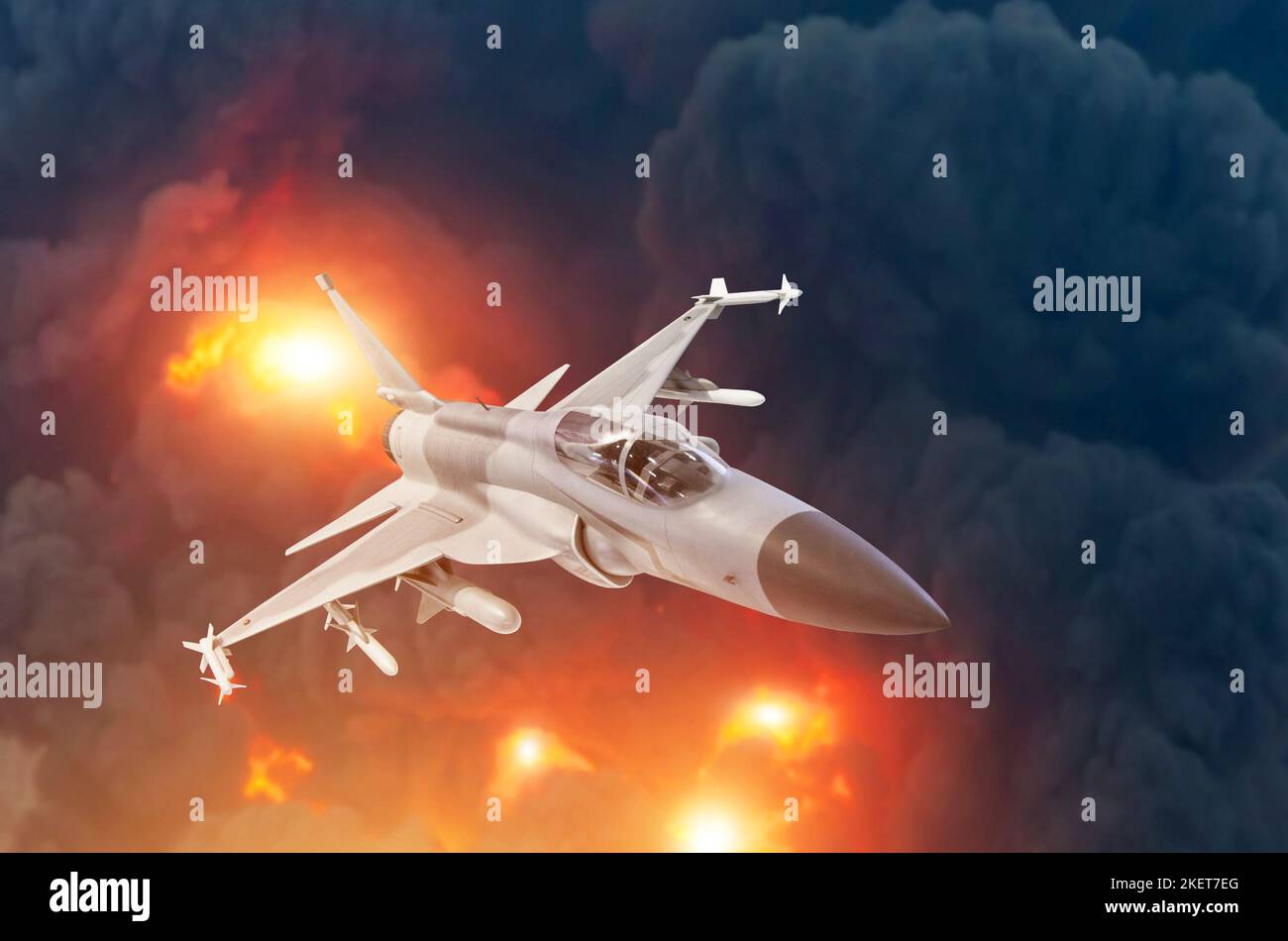 Military jet fighter aircraft flying backdrop of a powerful explosion ...