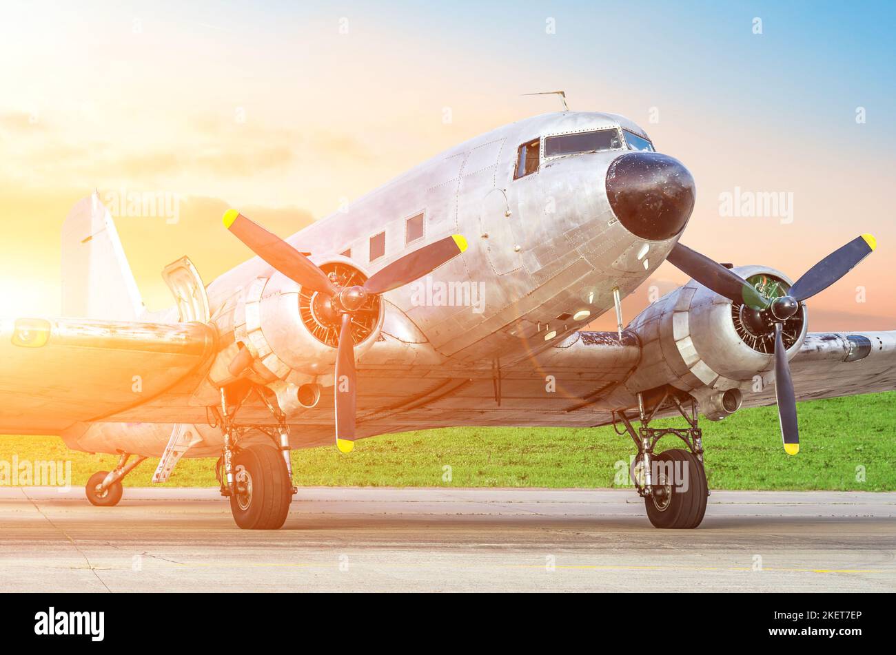 Vintage retro turboprop airplane, with engines on the wings, in the ...