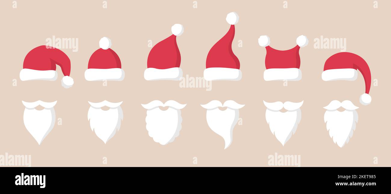 Collection of Santa Claus red hats, mustache and beards. Christmas ...