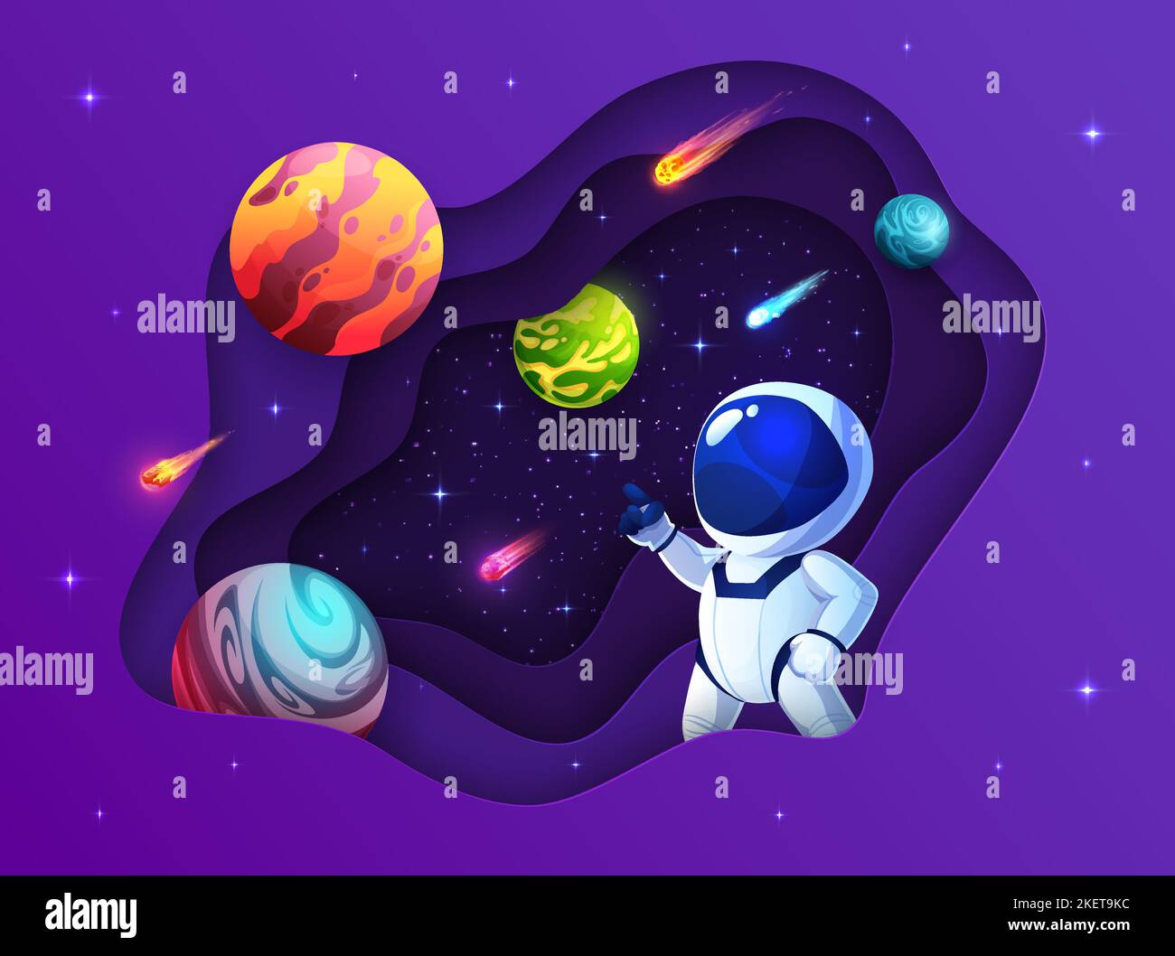 Space paper cut banner with astronaut and galaxy planets, vector ...