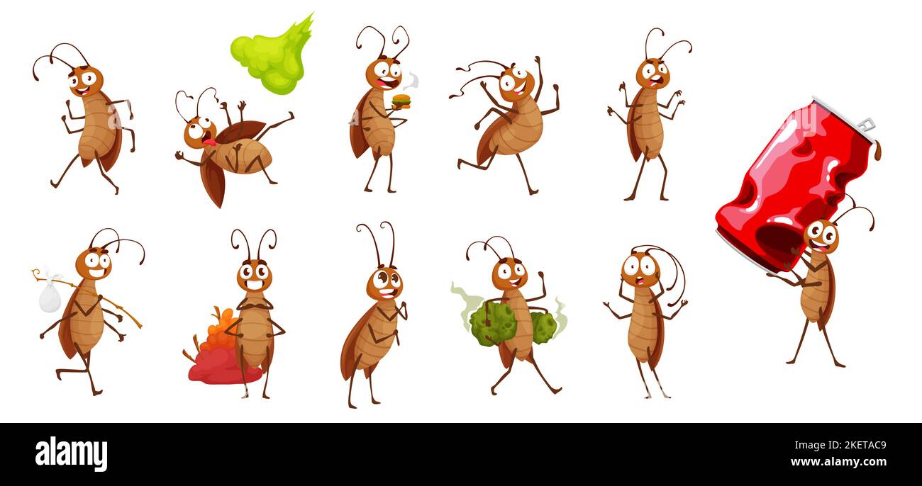 Cartoon cockroach characters. Funny pest bug, scared cockroach isolated ...