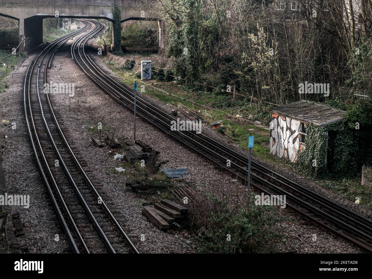 London, England - Mar 06, 2019 : Two old railway tracks stretching into ...
