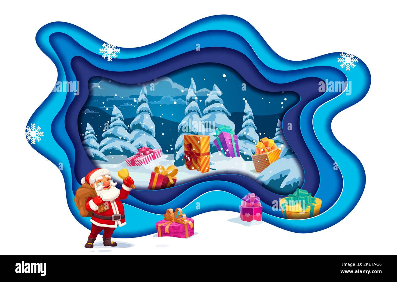 Christmas papercut, cartoon Santa with gifts in snow forest, vector ...