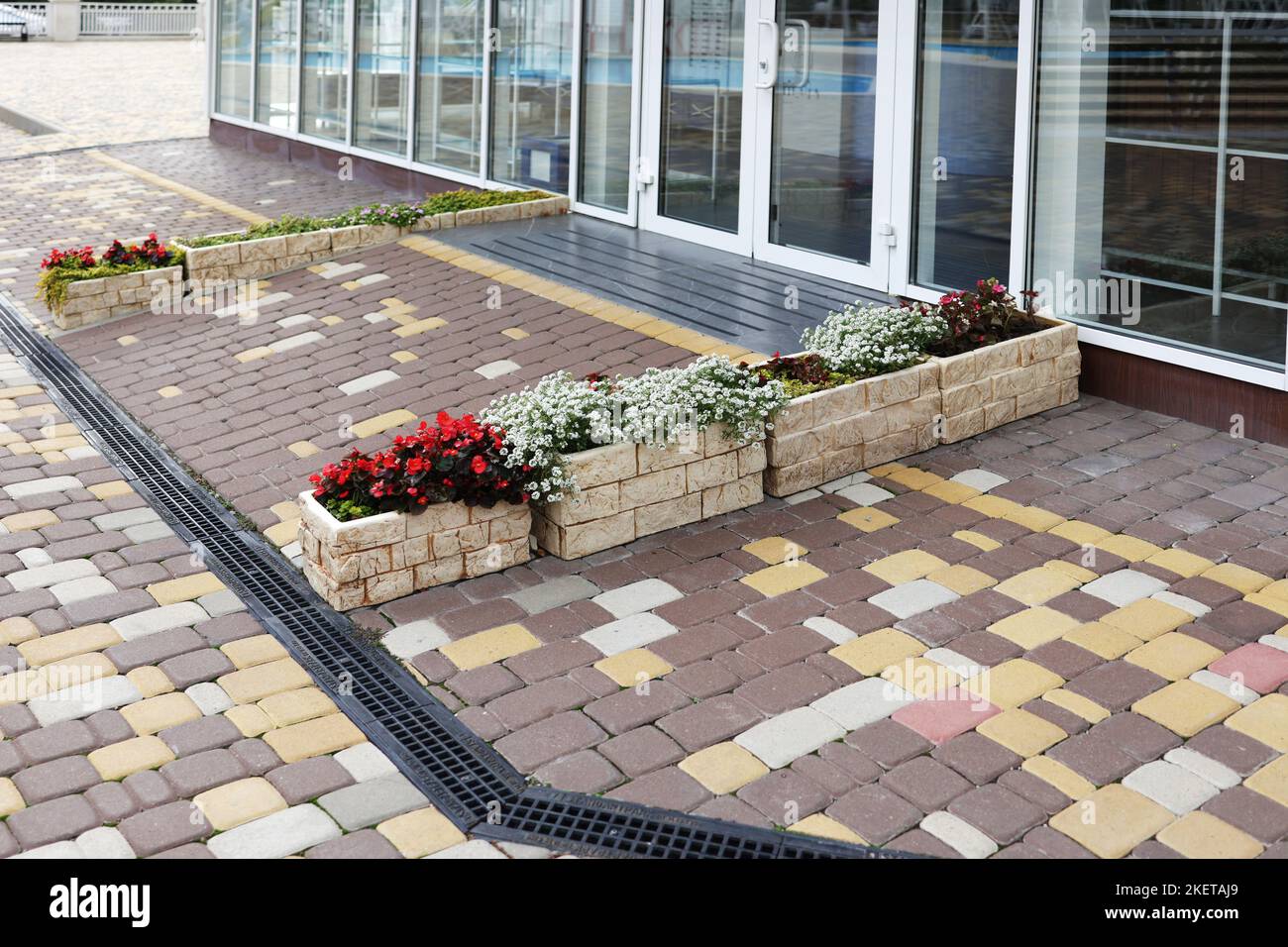 Fireclay pots with plants and flowers at the entrance to the glazed ...
