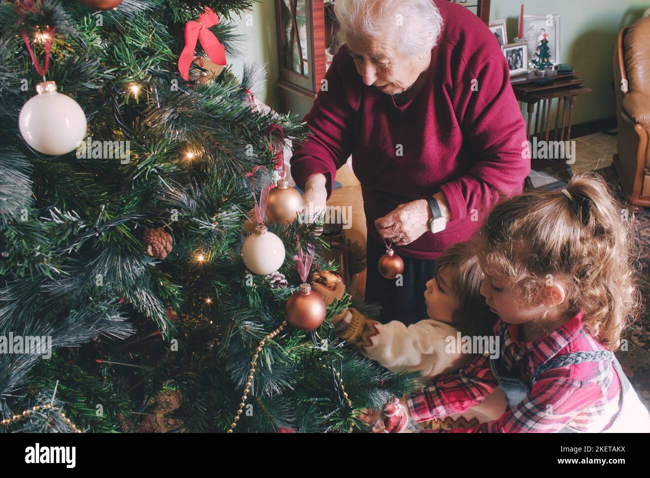 A young boy and girl and their grandmother decorating the tree for the ...