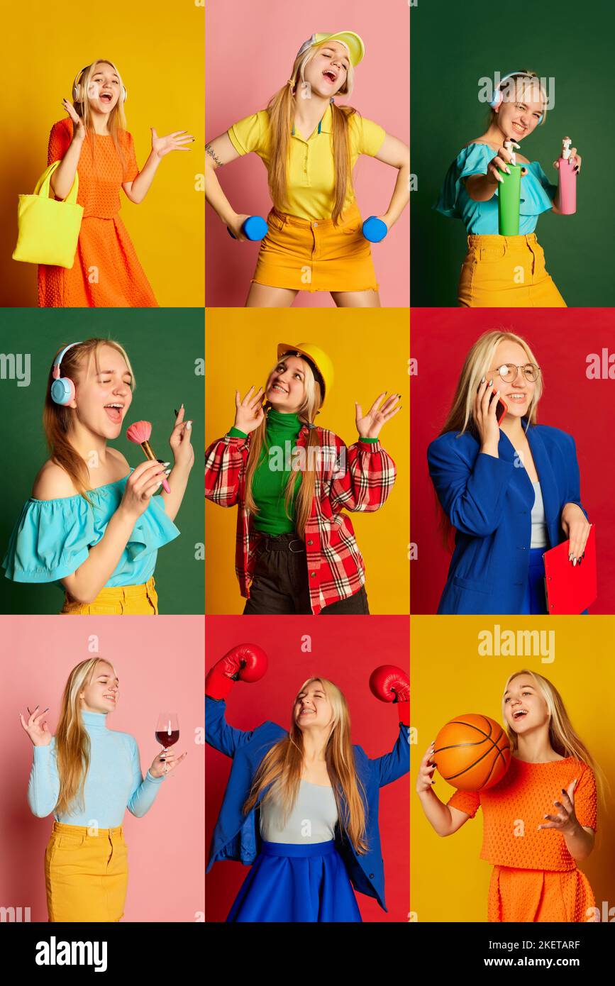 Happiness, delight and fun concept. Collage made with portraits of ...