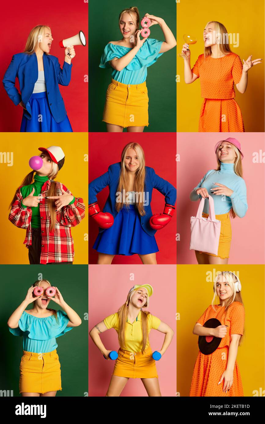 Bright colors. Collage with portraits of young beautiful emotional girl ...