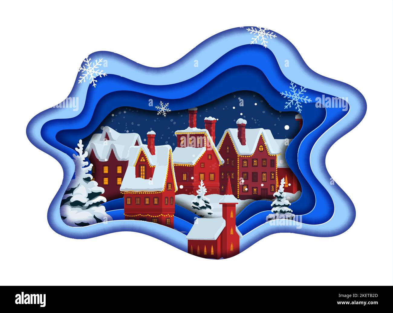 Christmas paper cut, cartoon snowy town in winter holidays, vector ...