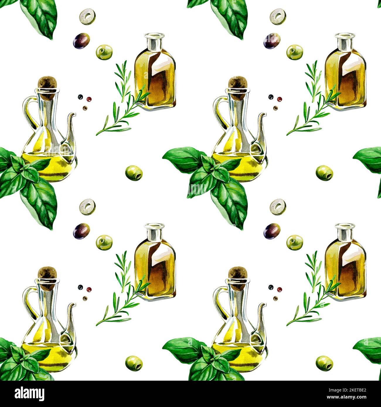 Olives oil and herbs. Watercolor illustration of olives, oil and herbs ...