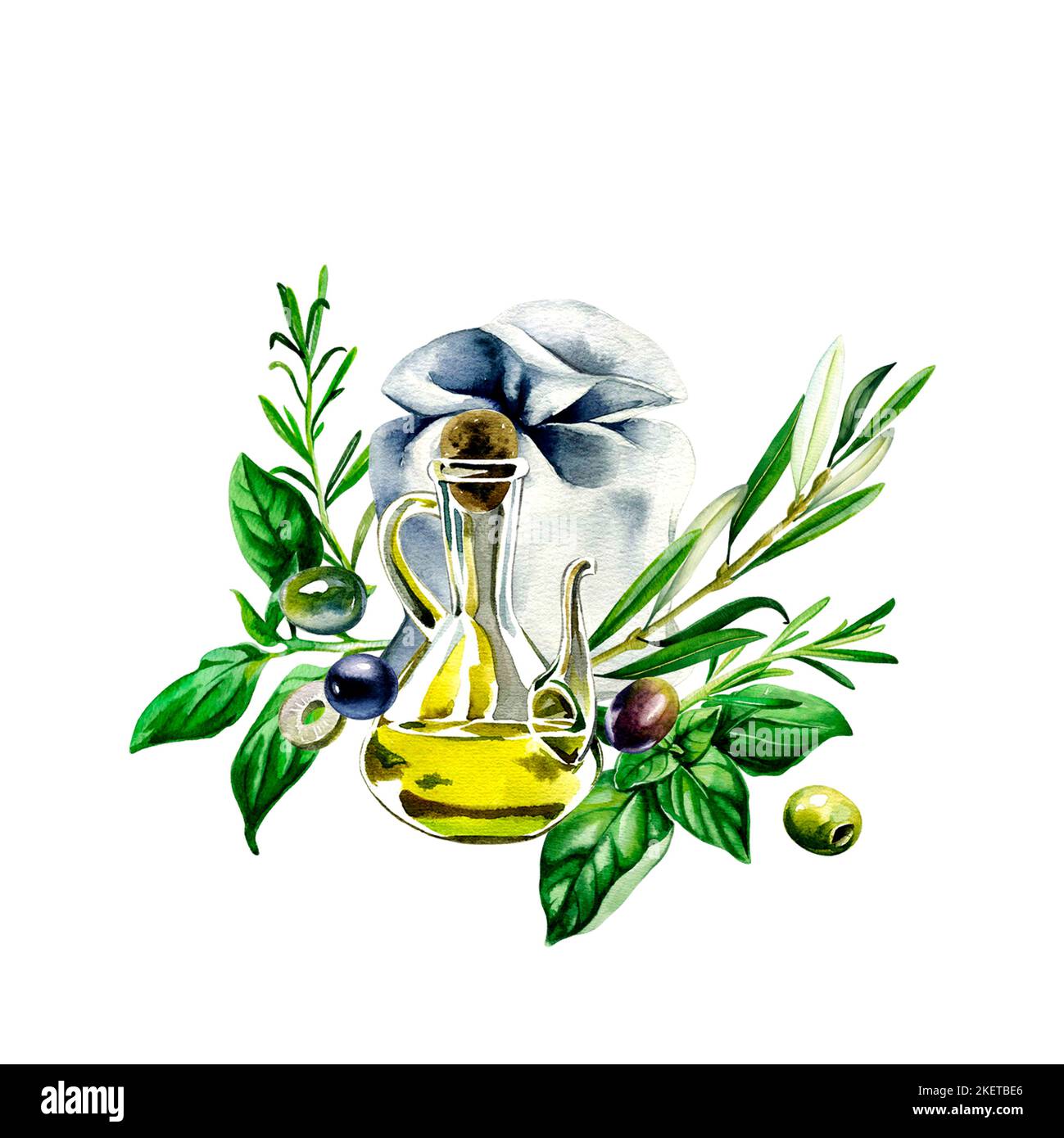 Olives oil and herbs. Watercolor illustration of olives, oil and herbs ...