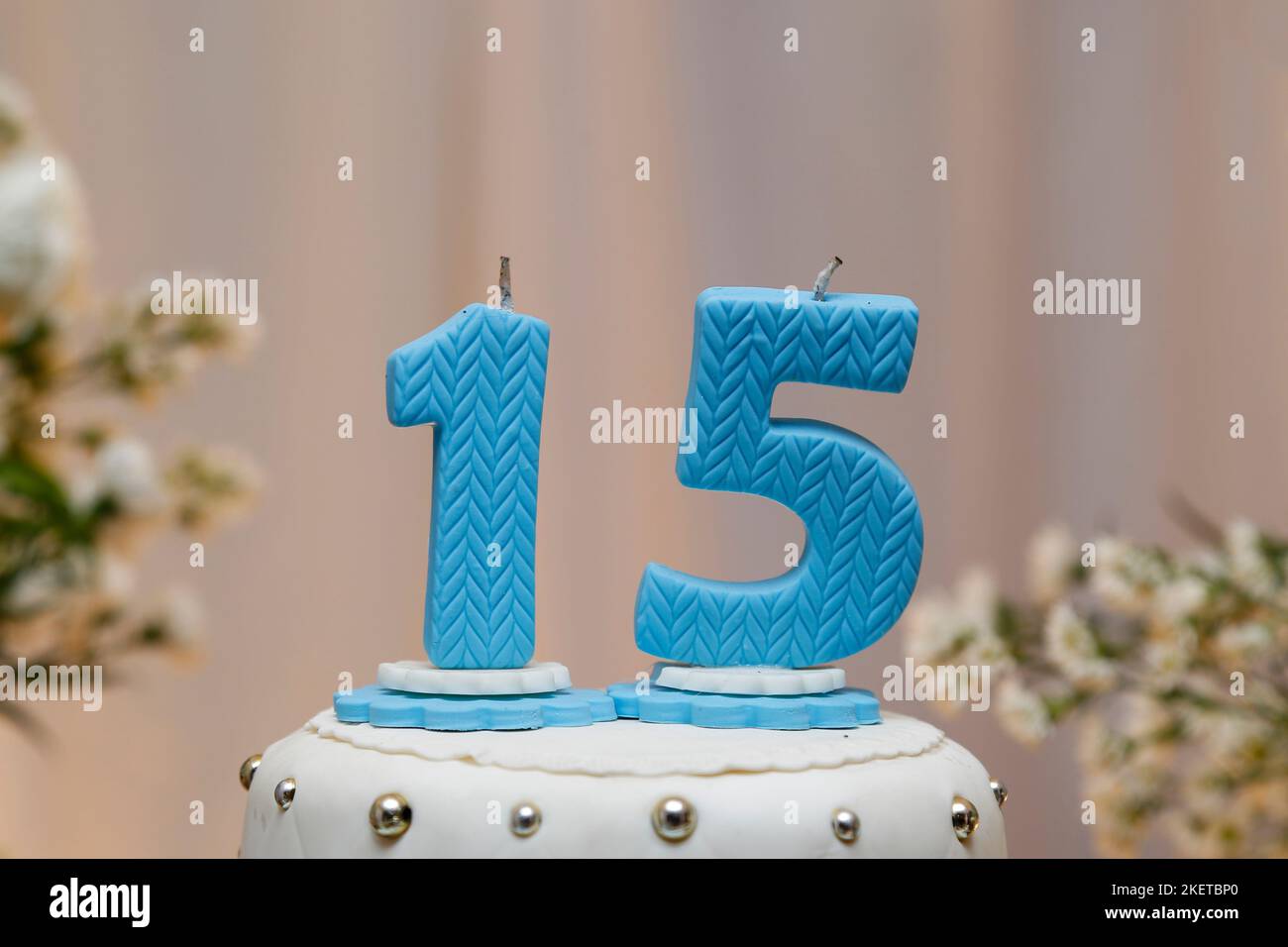 Blue party cake, 15th birthday, with blue number fifteen, white cake ...