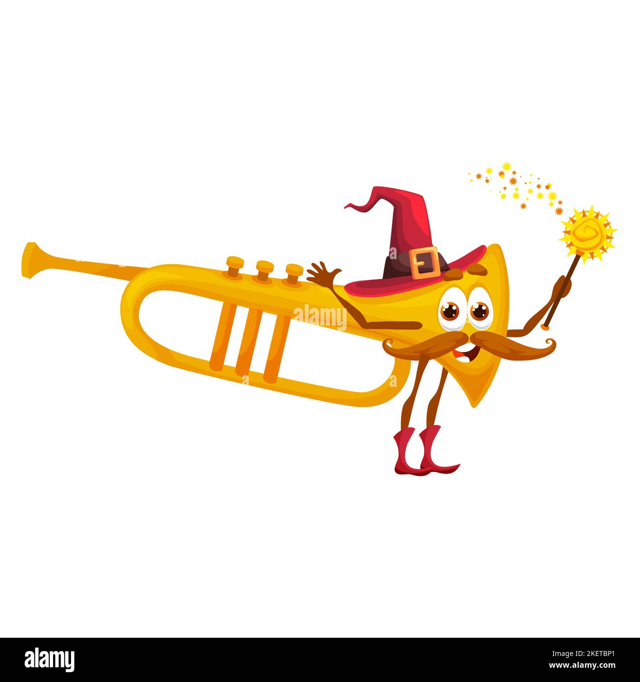Cartoon trumpet wizard character, fantasy musical wind instrument wear ...