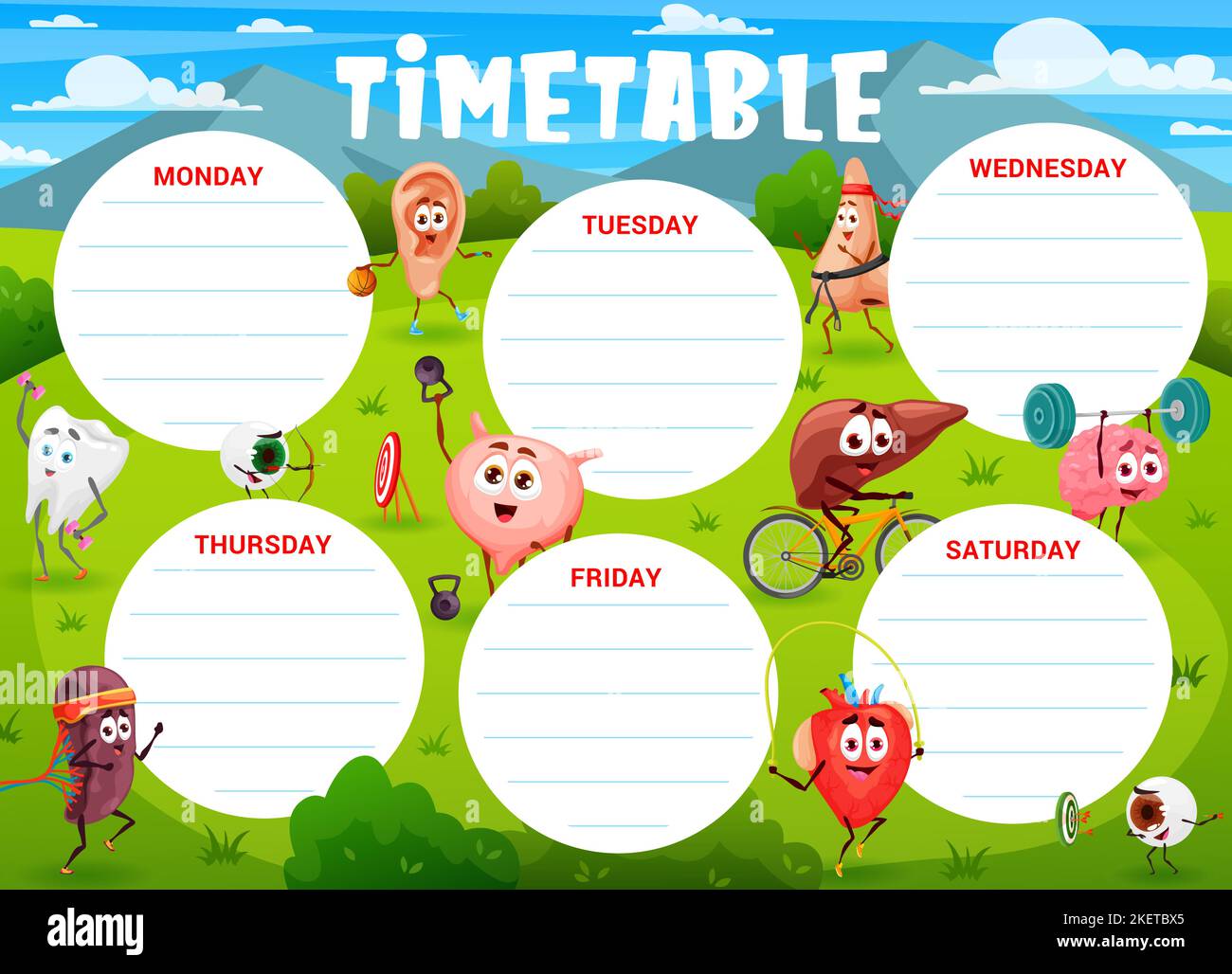 Education timetable cartoon human organs sportsman characters. School ...