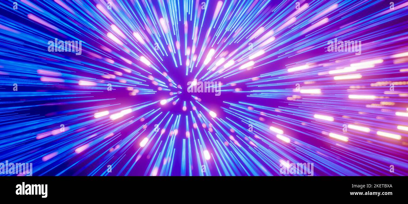 Abstract 3D illustration of glowing blue yellow bright neon light ...