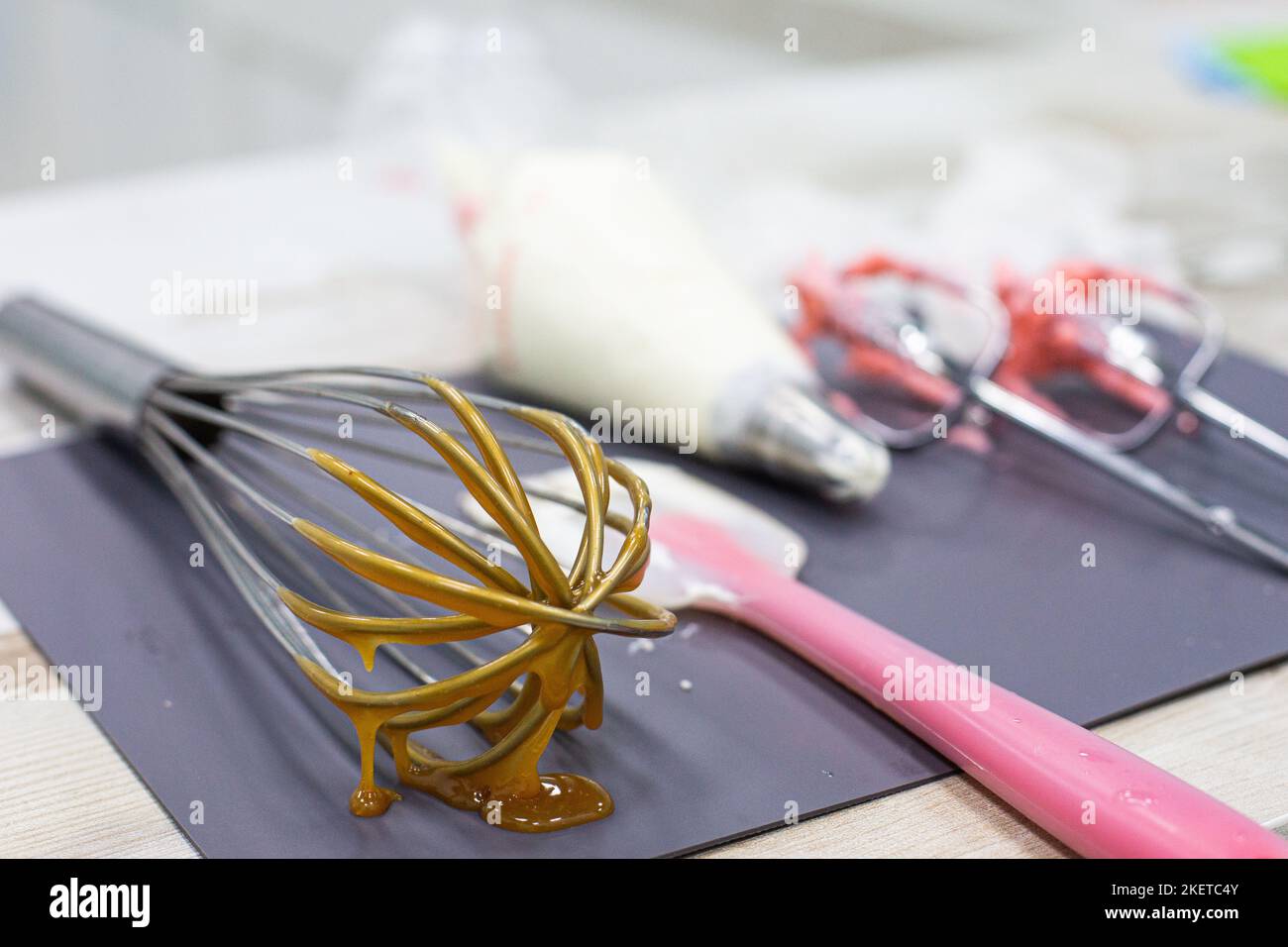 Workplace confectioner, accessories for making desserts background ...