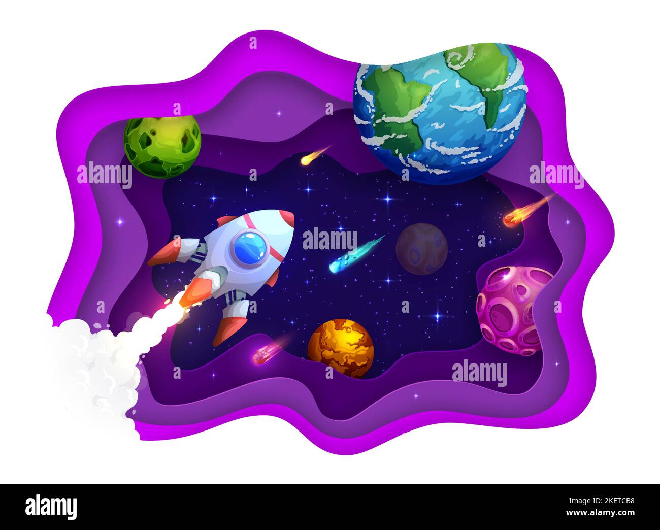 Space paper cut rocket spaceship in starry galaxy between planets and ...
