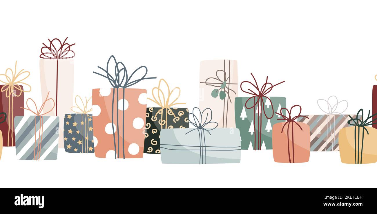 Gift boxes horizontal border. Xmas seamless pattern. Vector flat ...