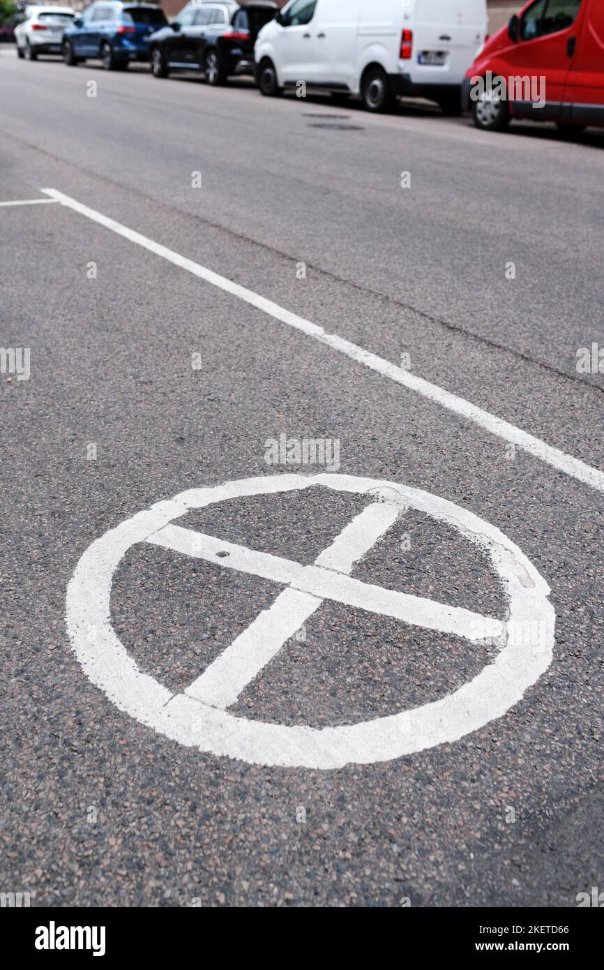 No parking and no stopping sign on asphalt road on streets of Halmstad ...