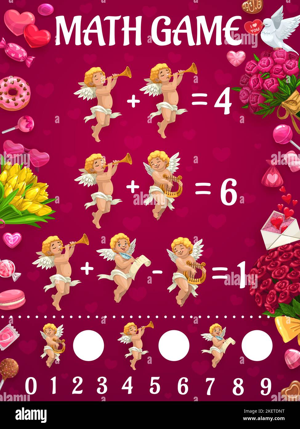 Math game worksheet, valentine wedding Cupids counting puzzle. Vector ...