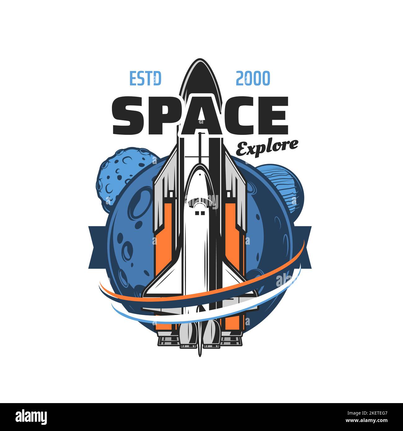 Space shuttle and planets icon. Space exploration program vintage icon ...