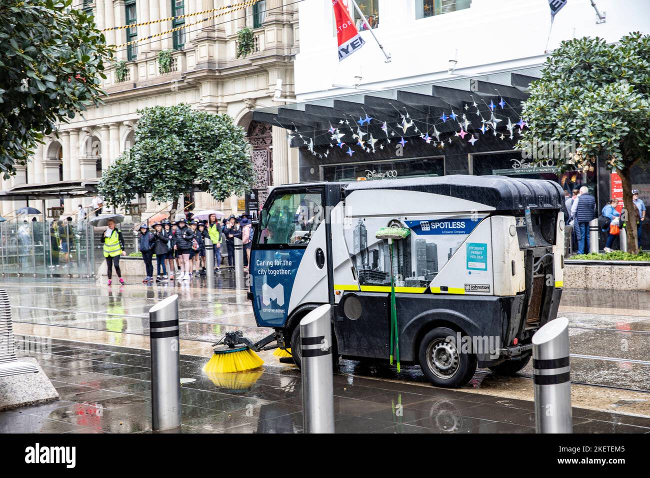 Street pavement cleaning machine working on Bourke street in Melbourne ...