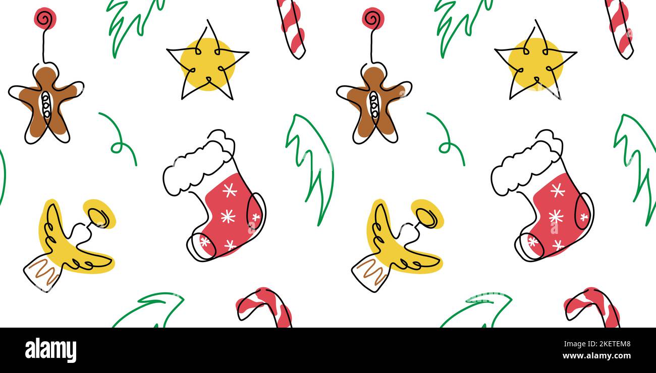 Xmas vector pattern. Christmas decorations with sock, candy cane, star ...
