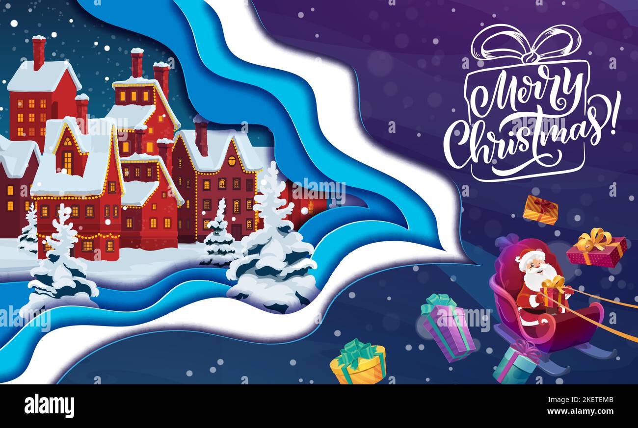 Christmas paper cut, cartoon Santa on sleigh with gifts, vector holiday ...