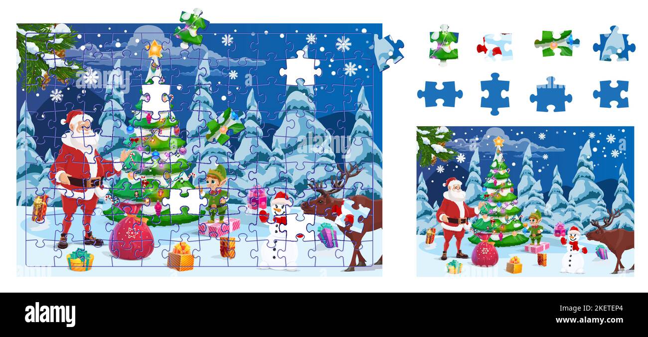 Christmas Santa with gnome, deer and gifts. Jigsaw puzzle game pieces ...