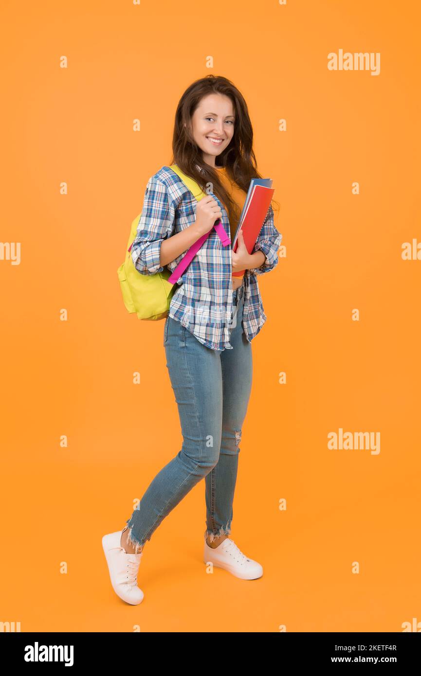 Regular student carry workbooks. Student life. School girl with ...