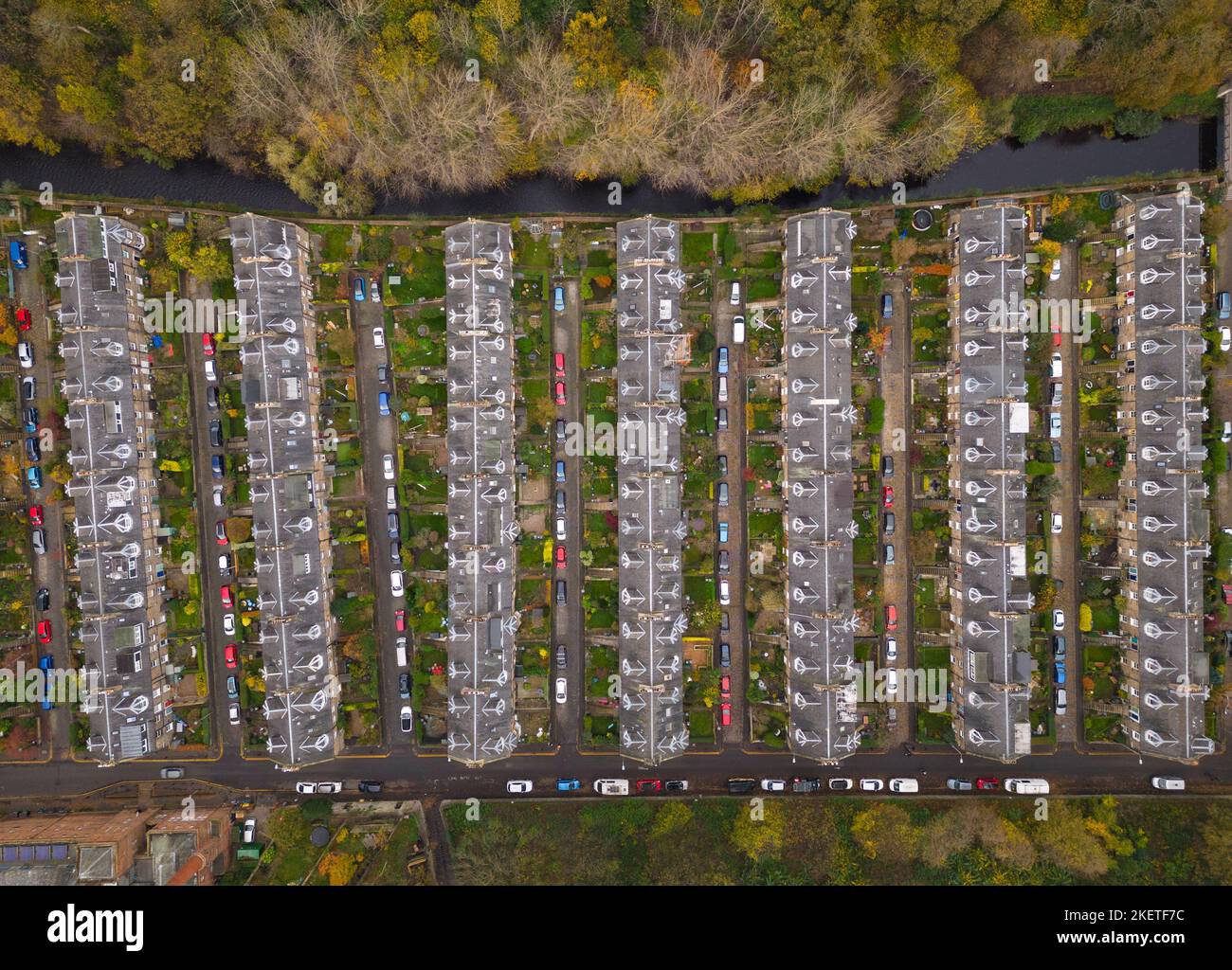 Aerial view of rows of terraced colony houses at Stockbridge, Edinburgh ...
