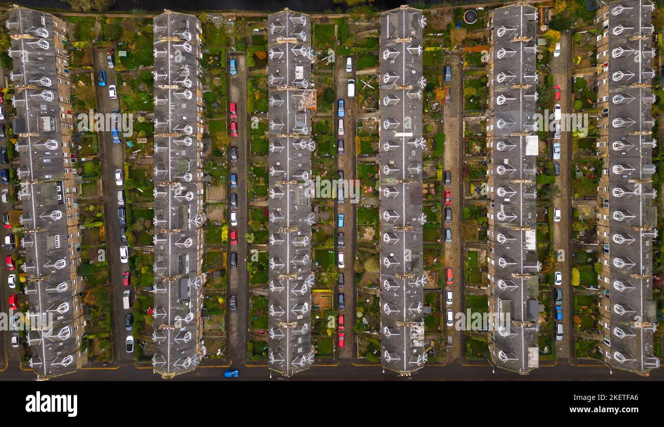 Aerial view of rows of terraced colony houses at Stockbridge, Edinburgh ...