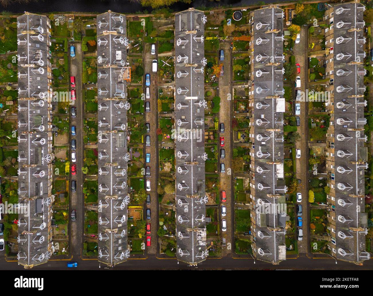 Aerial view of rows of terraced colony houses at Stockbridge, Edinburgh ...