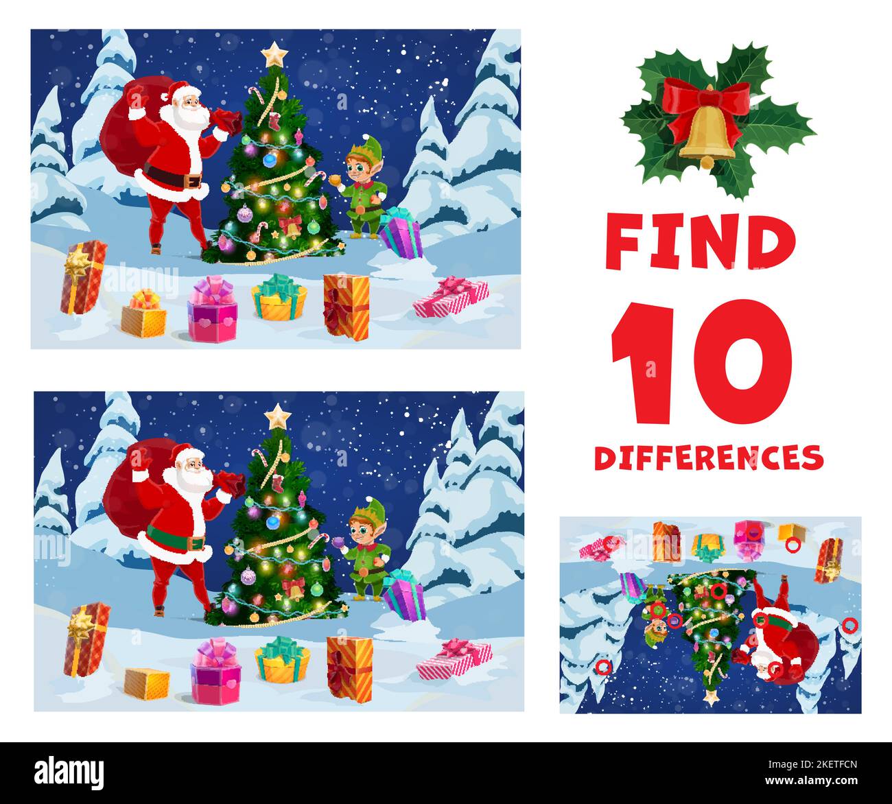 Find ten differences, Christmas kids game quiz, vector cartoon winter ...