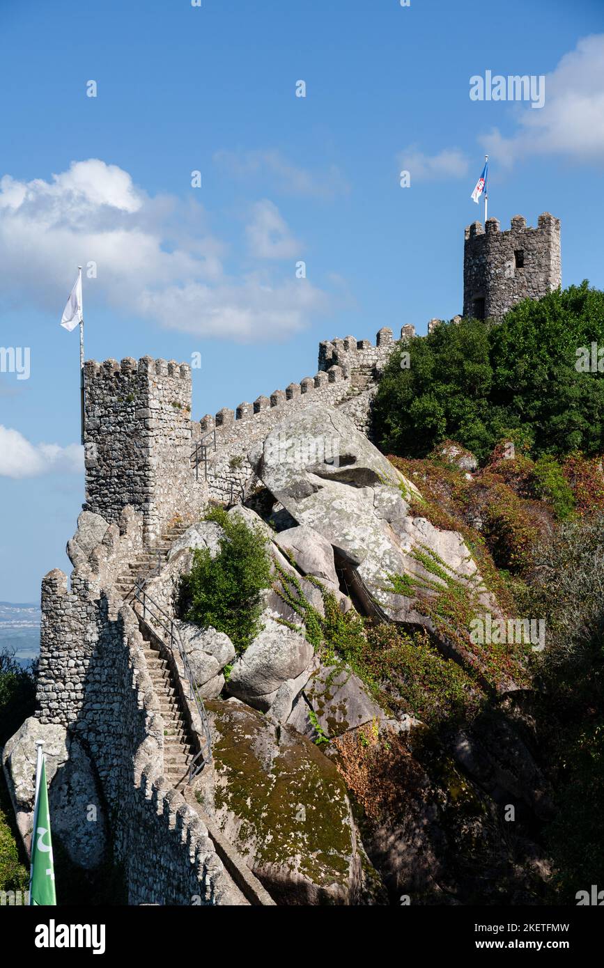 The fortified walls and turrets of the 10th century Moorish Castle of ...