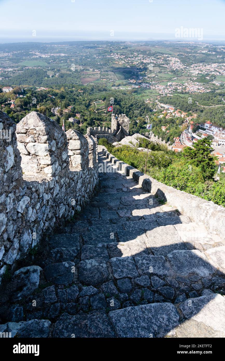 The fortified walls and turrets of the 10th century Moorish Castle of ...