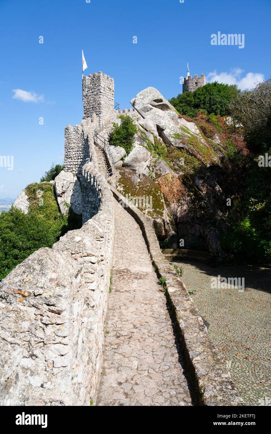The fortified walls and turrets of the 10th century Moorish Castle of ...