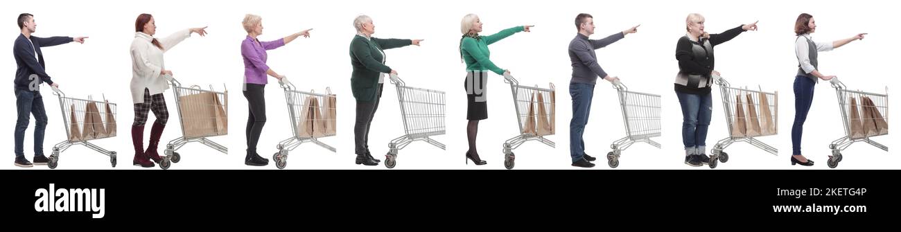 a group of people with a shopping cart point their fingers in front of ...